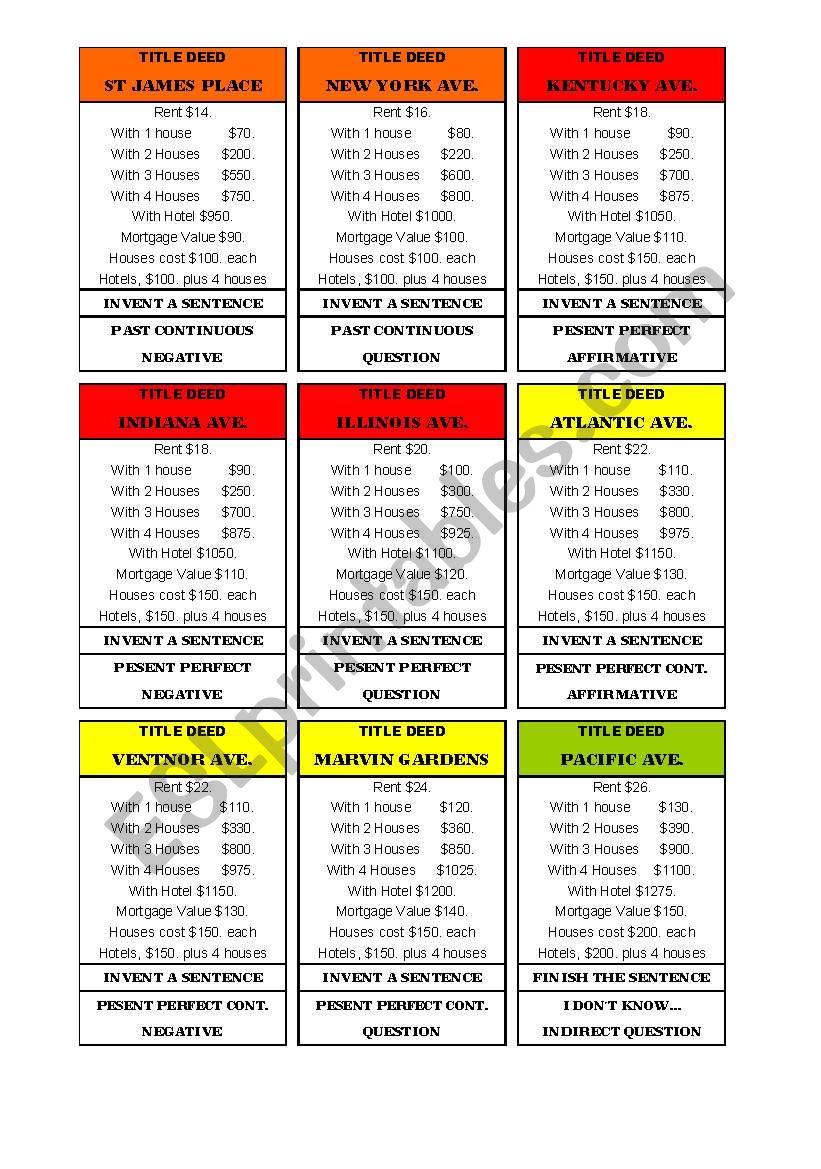 Monopoly Property Cards Printable