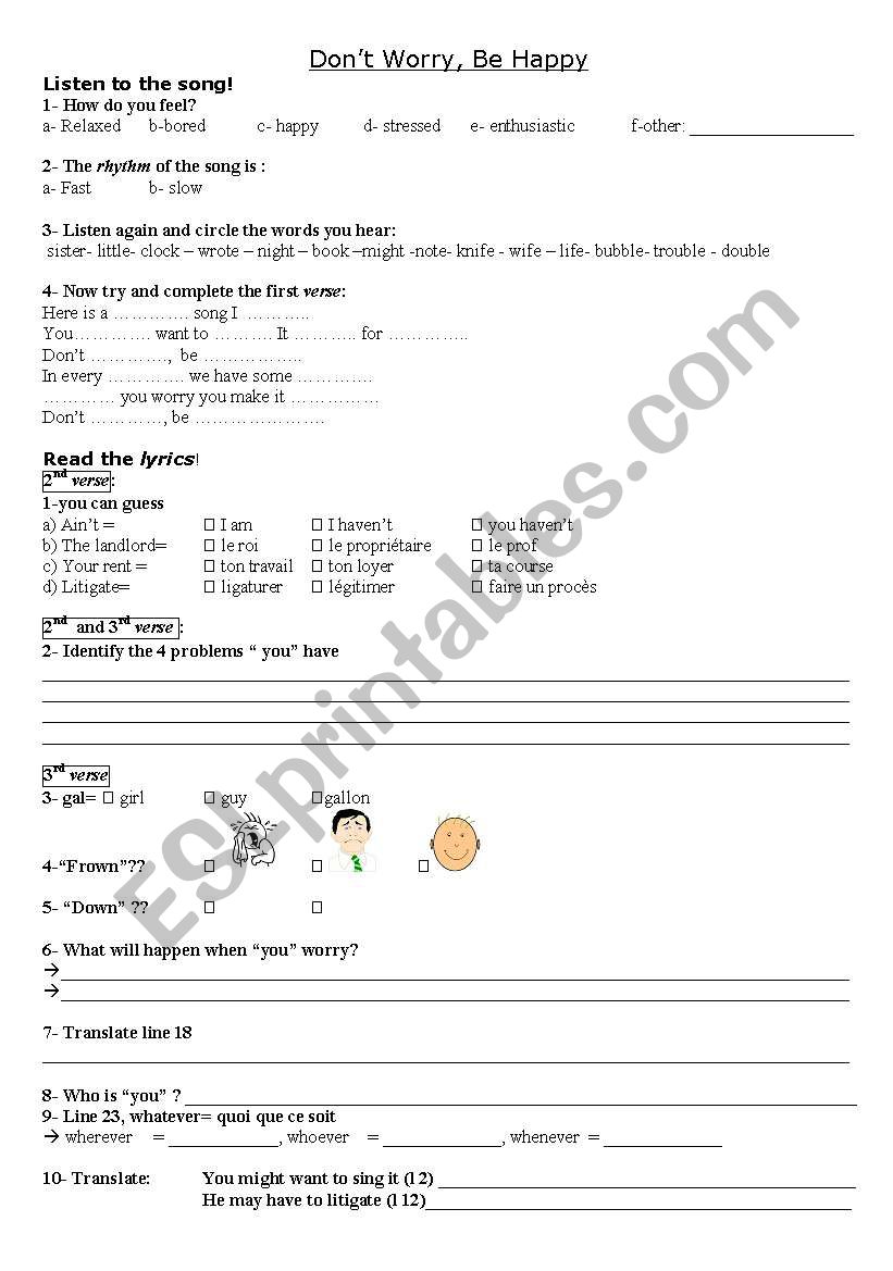 Don´t worry be happy (song) - part 1 - ESL worksheet by nenelle