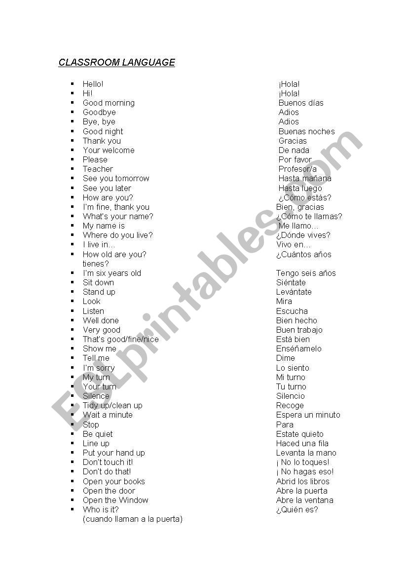 English Worksheets Classroom Language