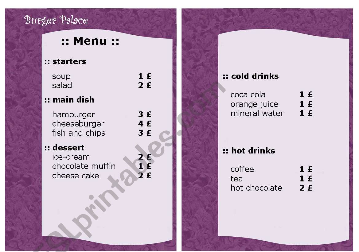 easy to read menu card for secondary level - ESL worksheet by Mia83