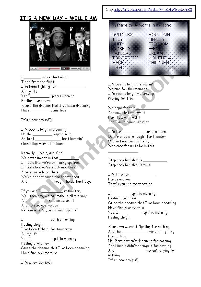 It´s a new day by Will I Am - ESL worksheet by massilialex