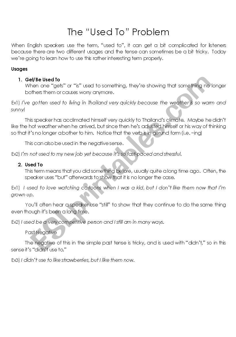 Complete 1 hour lesson plan on the different uses of ´used to´ - ESL ...