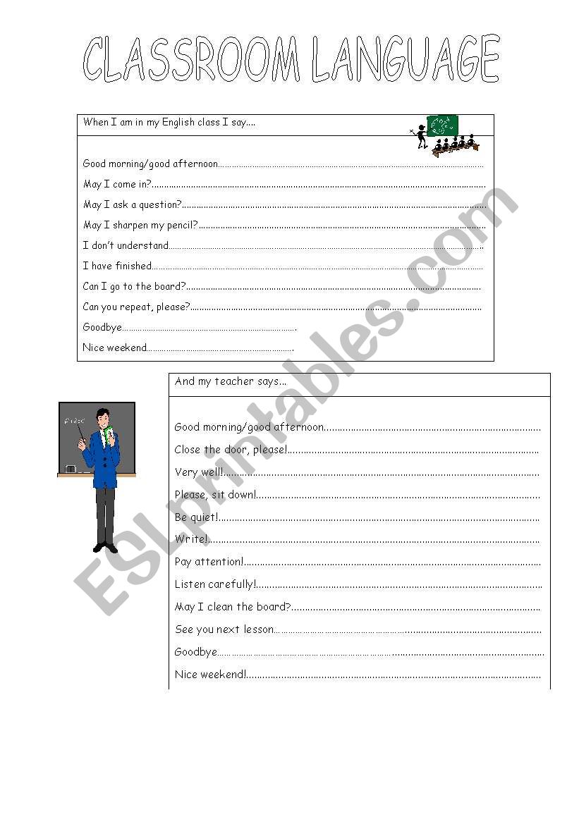 English Worksheets Classroom Language