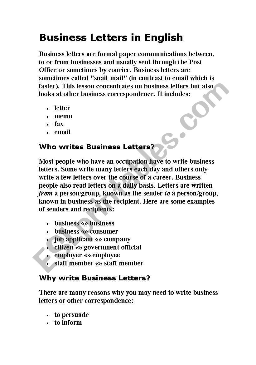 Business Letters In English ESL Worksheet By Moumou
