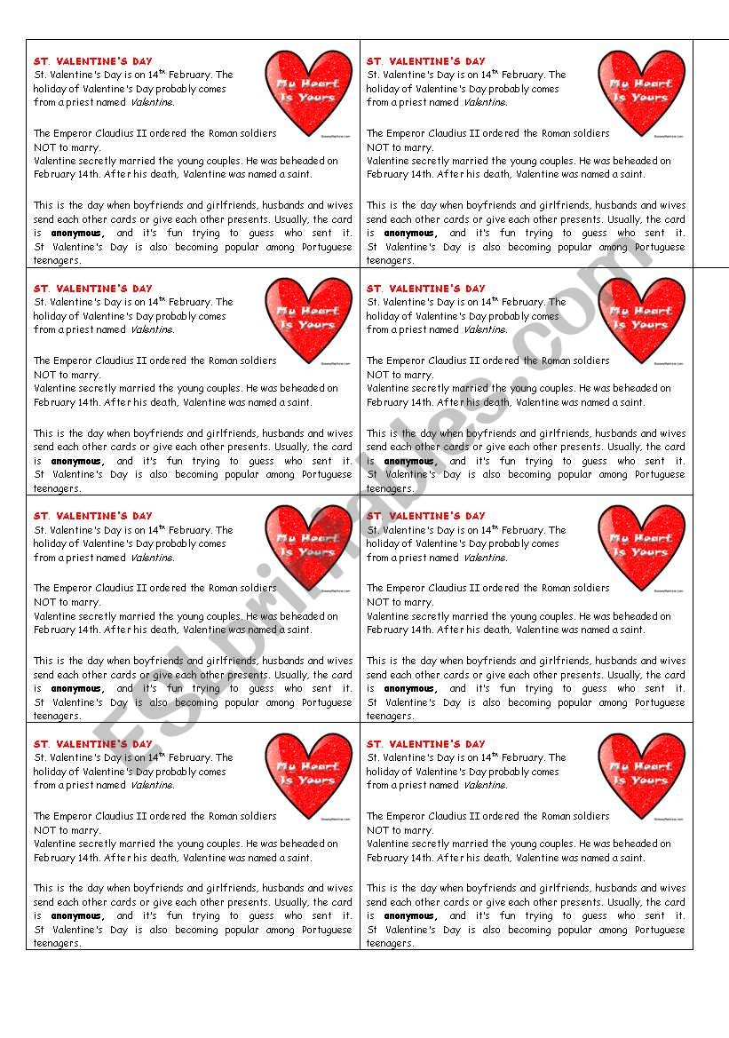 the origins of Valentine´s Day (print, cut and hand it to students ...