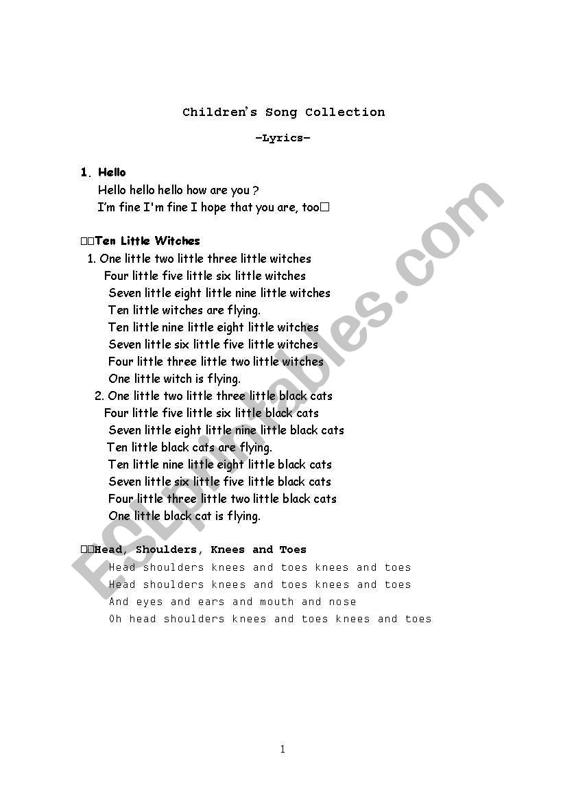 Children´s song collection lyrics - ESL worksheet by Mini Milly