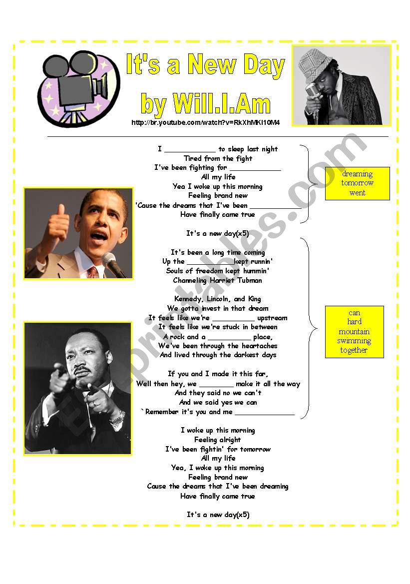 Song: It´s a New Day by Will.I.Am - ESL worksheet by brookee