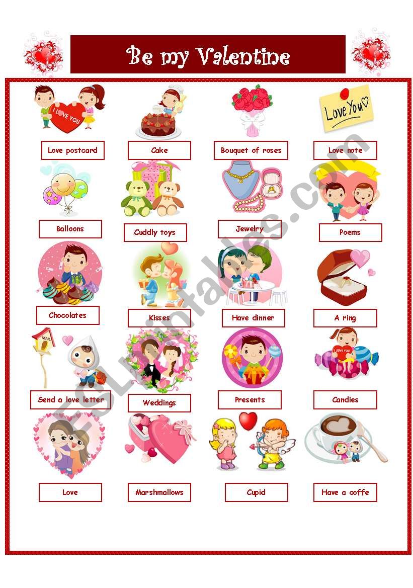 Valentine Pictionary Word List Printable Valentine´s Day Vocabulary
