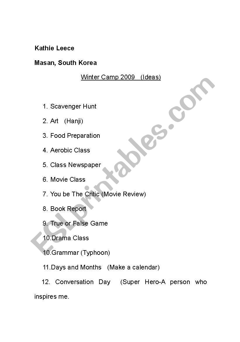 English Worksheets Winter Or Summer Camp Program Ideas