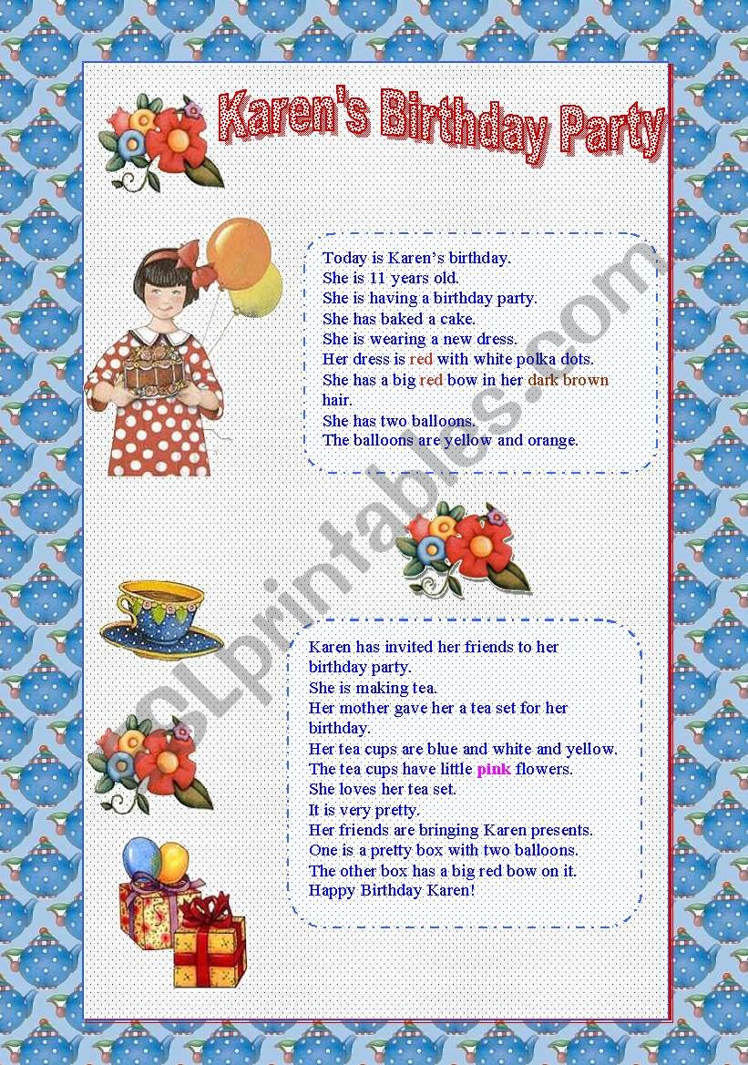 Karen´s Birthday Party -Reading for Absolute Beginners - ESL worksheet ...
