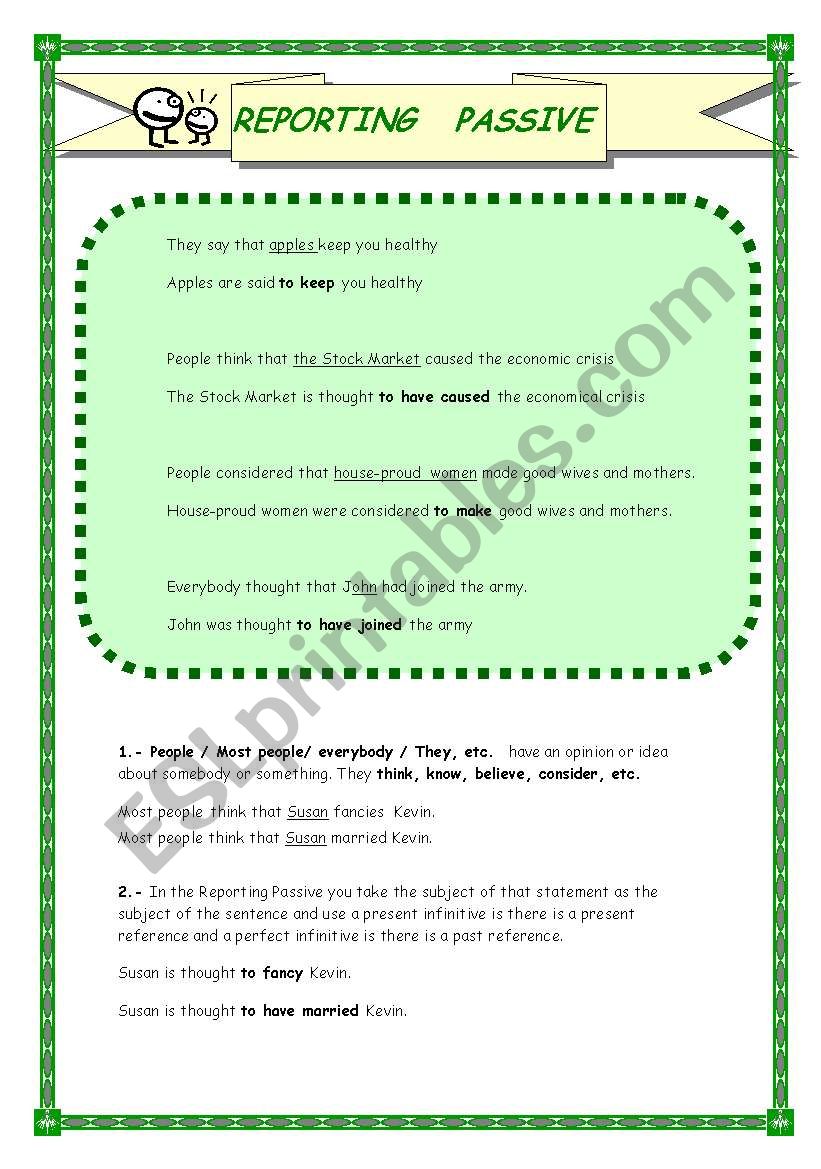 Passive (reporting verbs) - ESL worksheet by xcharo Passive (reporting verbs) - ESL worksheet by xcharo
