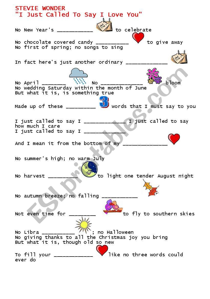 Valentine´s Day Song "I just called to say I love you" - ESL worksheet ...
