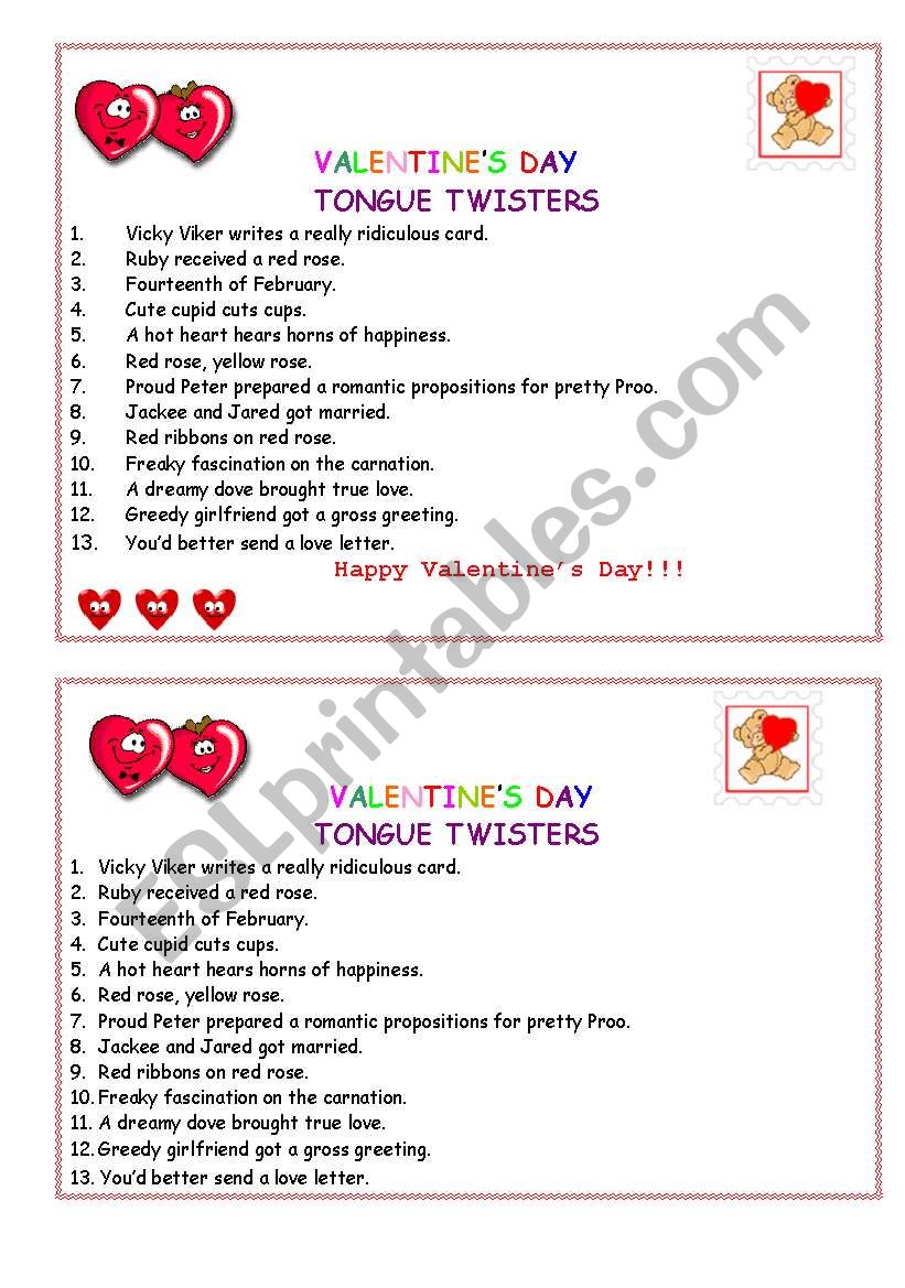 VALENTINEÂ´S DAY TONGUE TWISTERS :):):) - ESL worksheet by blanoc