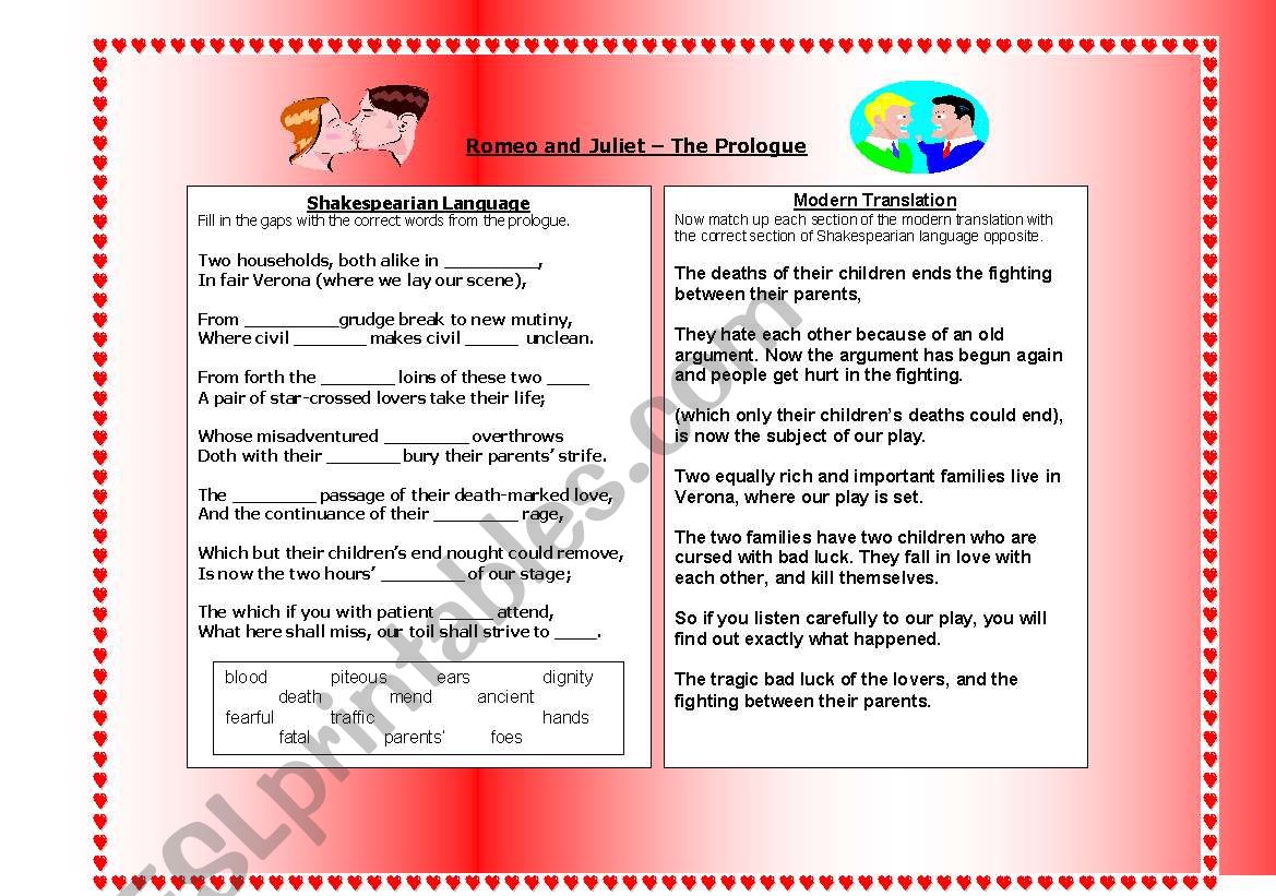 Romeo and Juliet´s Prologue - ESL worksheet by superbabuskina