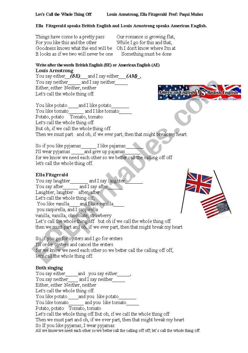 Song Let´s call the whole thing off - ESL worksheet by Missfrancisca