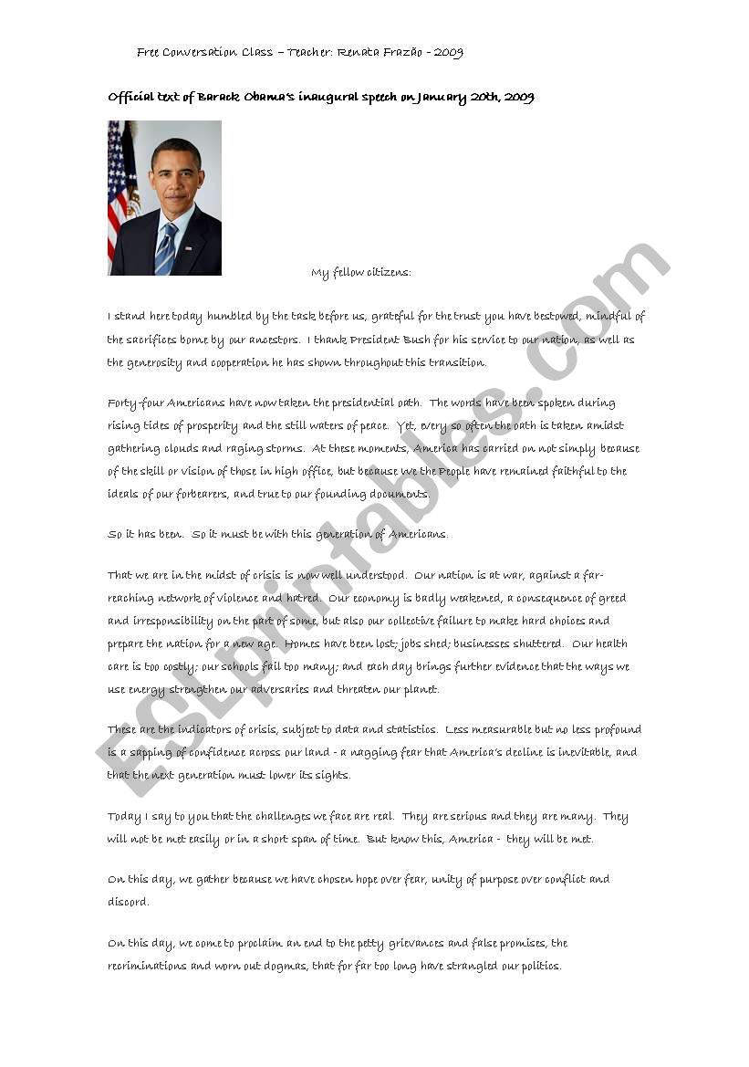 Barack Obama´s inaugural speech - ESL worksheet by renatafrazao
