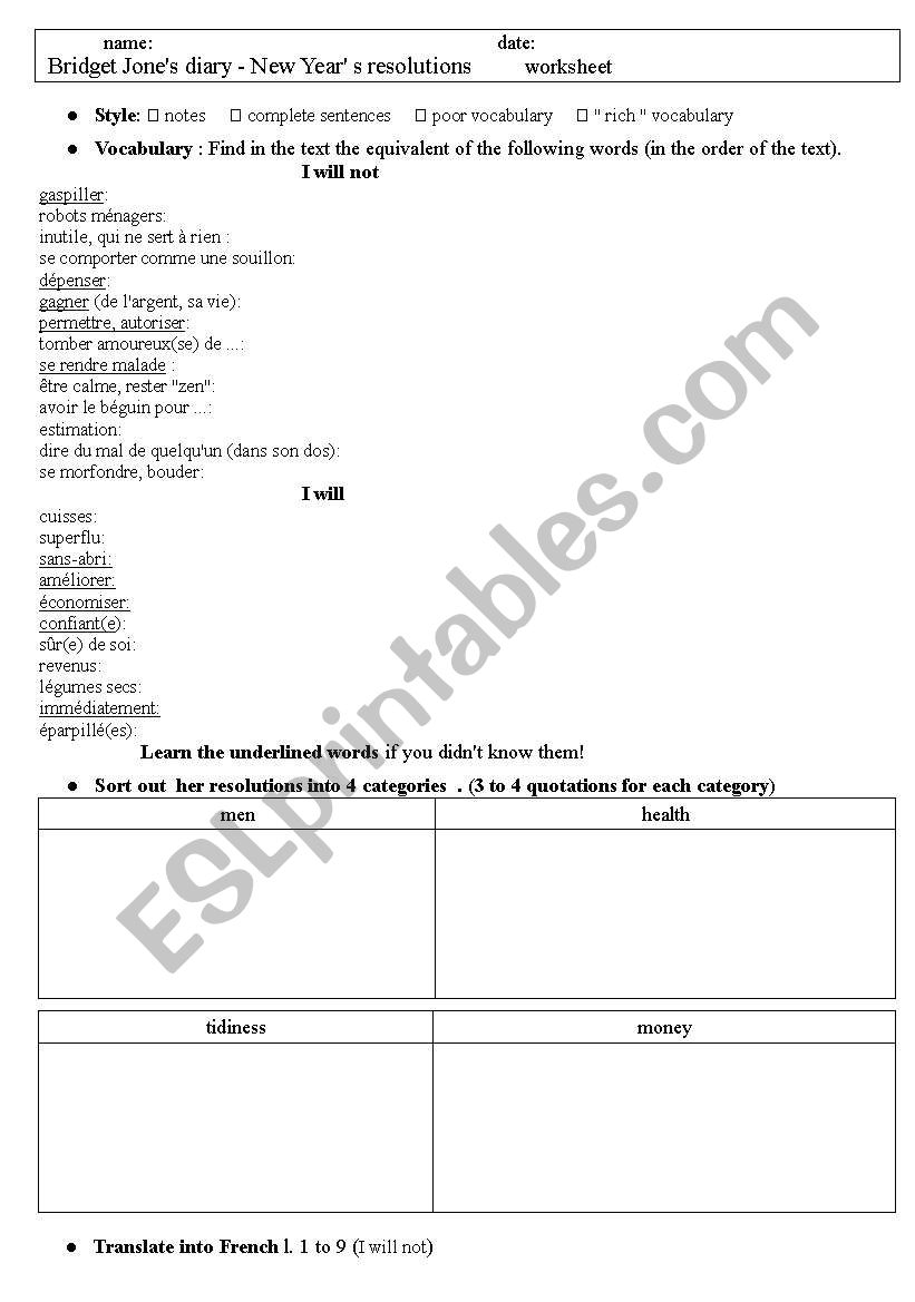 Bridget Jone´s diary - New Year´s resolutions reading comprhension ...