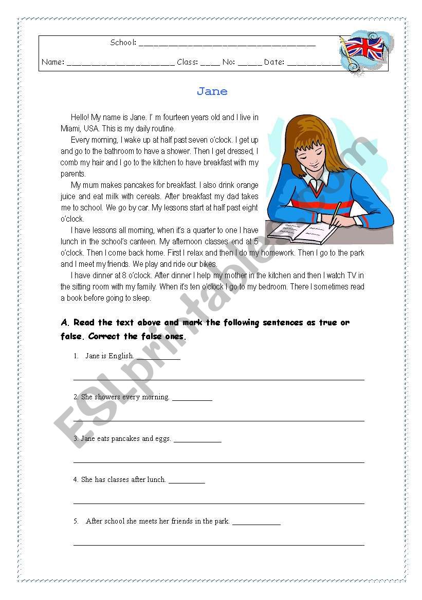 JaneÂ´s daily routine 6th grade - ESL worksheet by MMCV