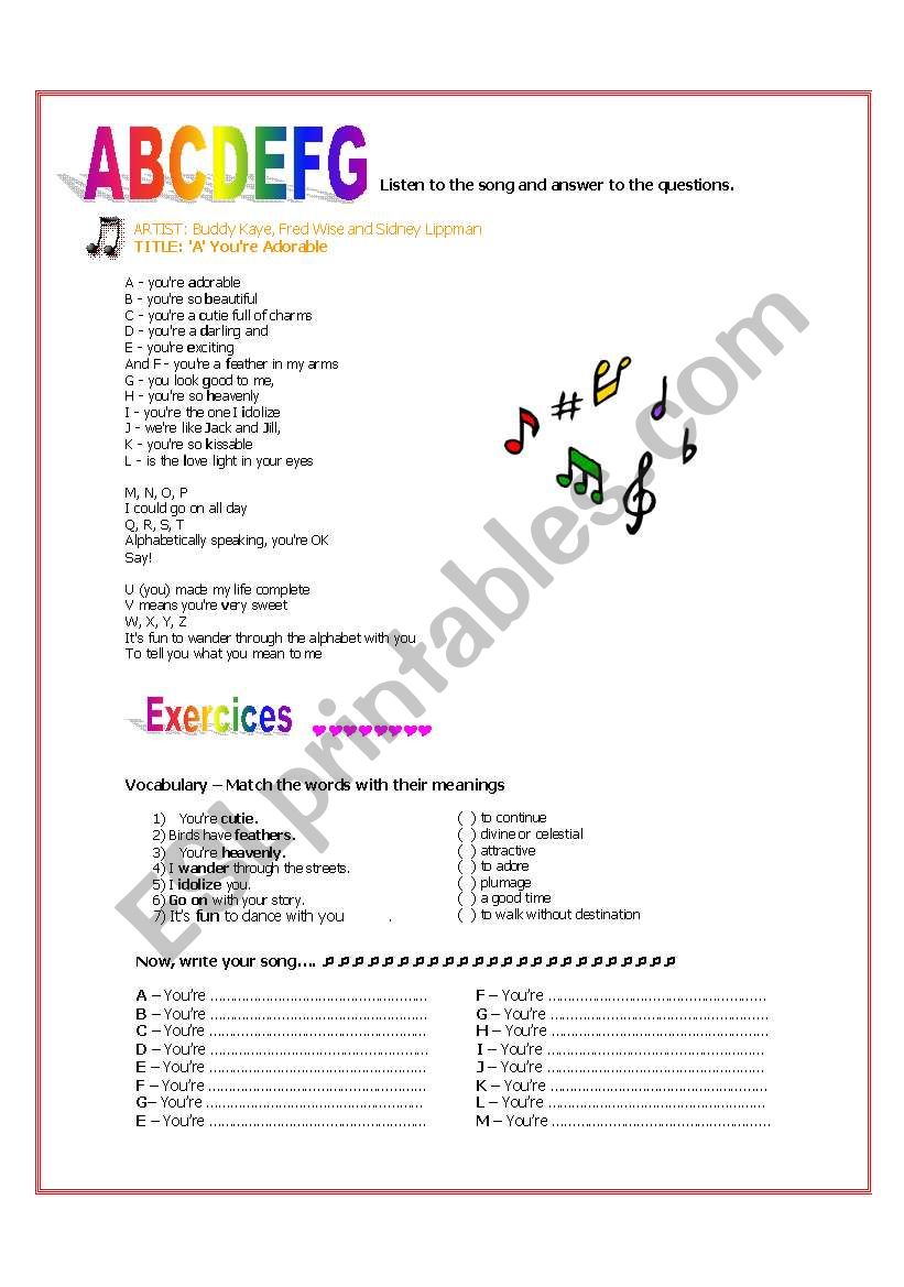 ´A´ You´re adorable - song lyrics - ESL worksheet by Dianasuzuki