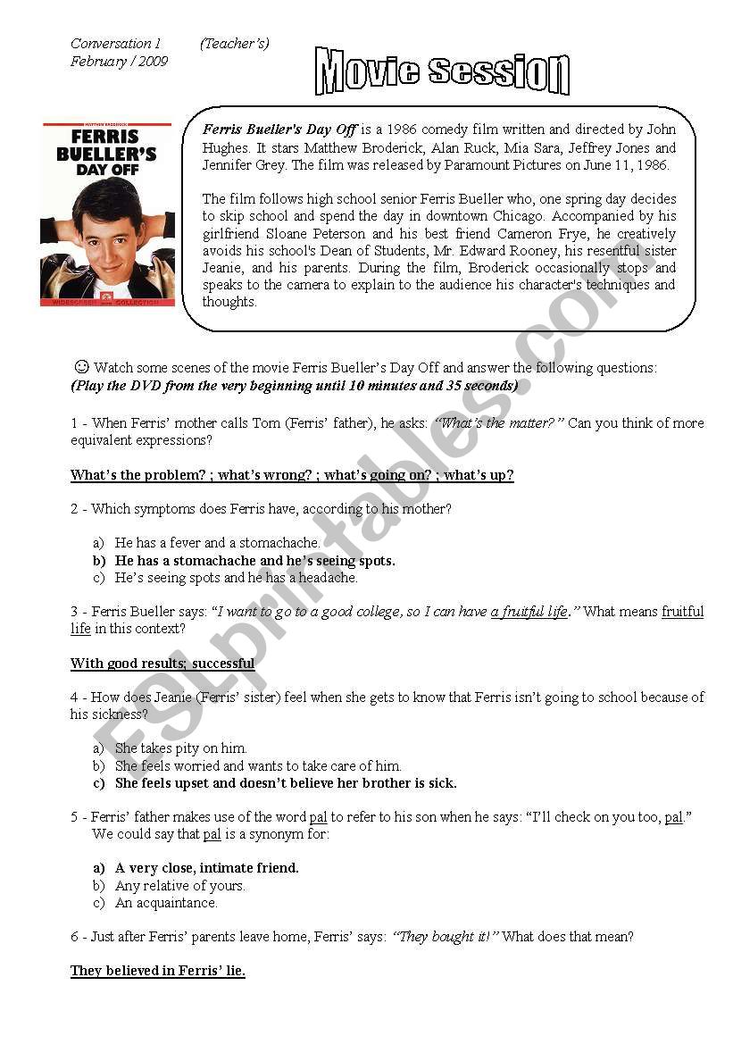 Movie-conversation class based on the funny movie "Ferris Bueller´s day ...