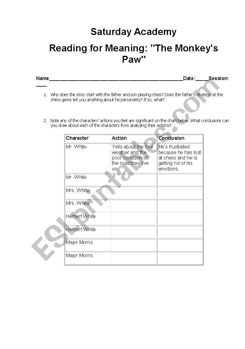 English worksheets: "The Monkey´s Paw" Review Questions