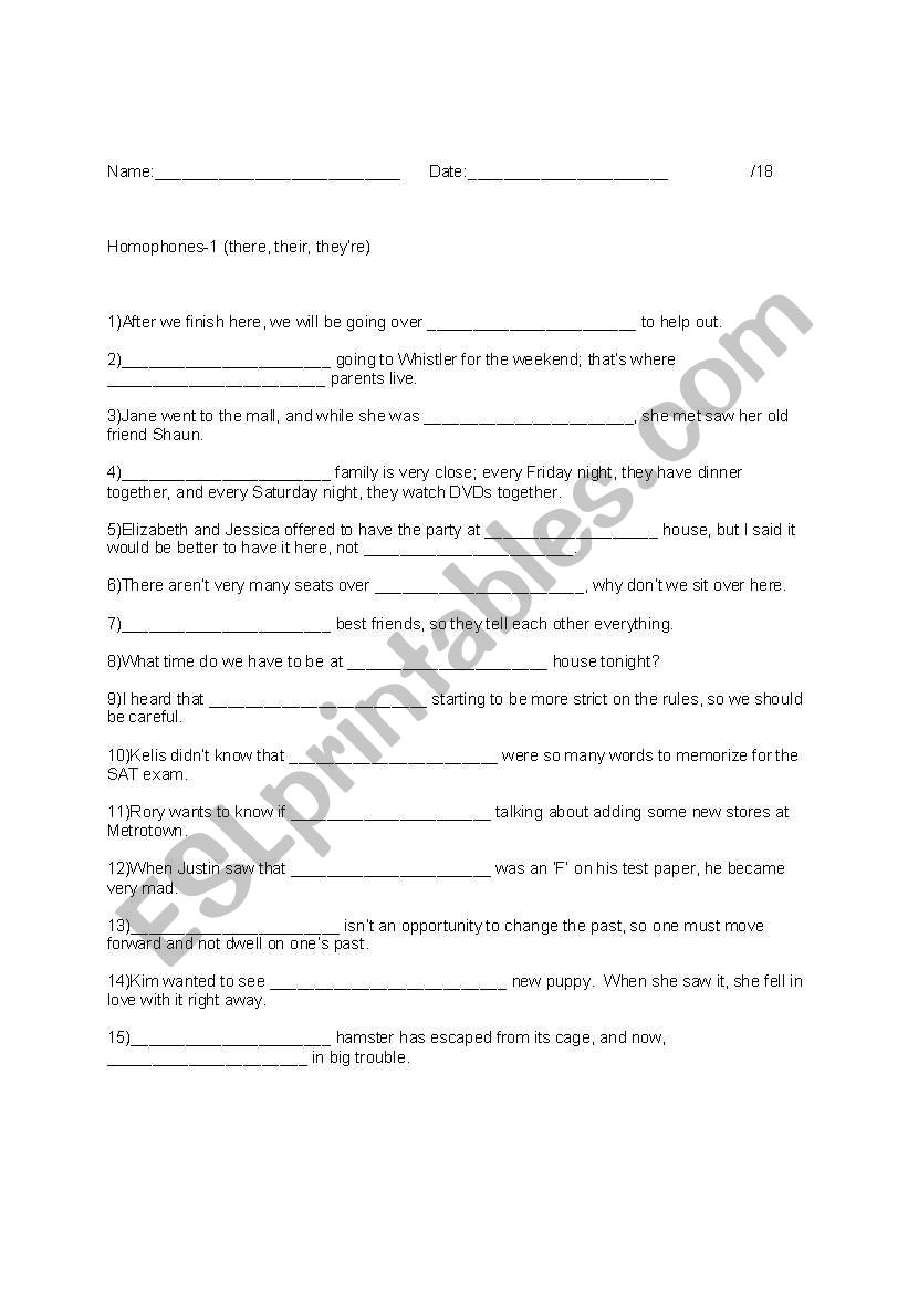 Homophones-there, their, they´re - ESL worksheet by dee11