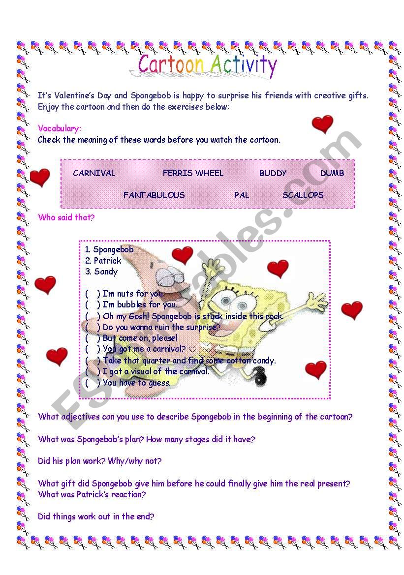 Spongebob´s Valentine´s Day - cartoon activity - ESL worksheet by ...