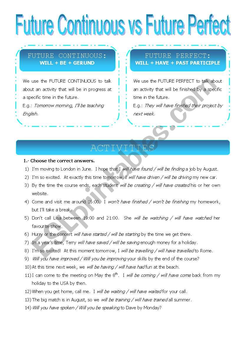 Future Continuous Vs Future Perfect ESL Worksheet By Nessita77