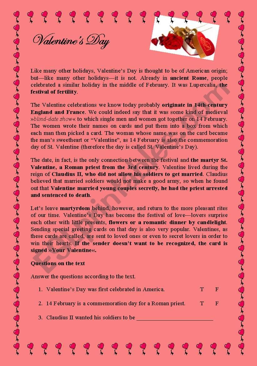The History of Valentine´s Day - ESL worksheet by Easter.Rising