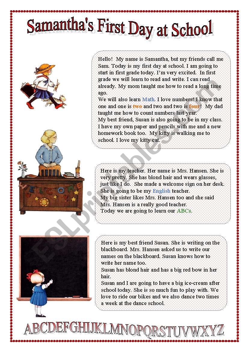 Samantha´s First Day at School - Reading for beginners - ESL worksheet ...