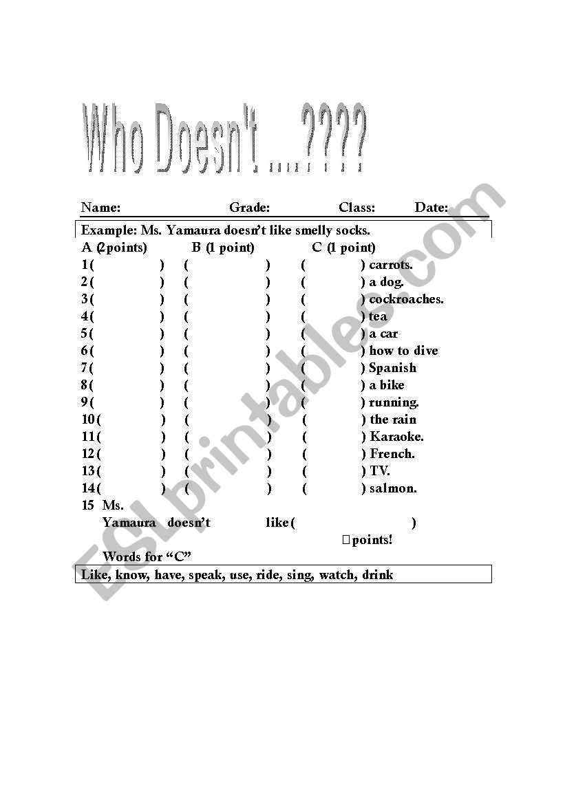 English worksheets: Using afirmative and negative setence structure of ...