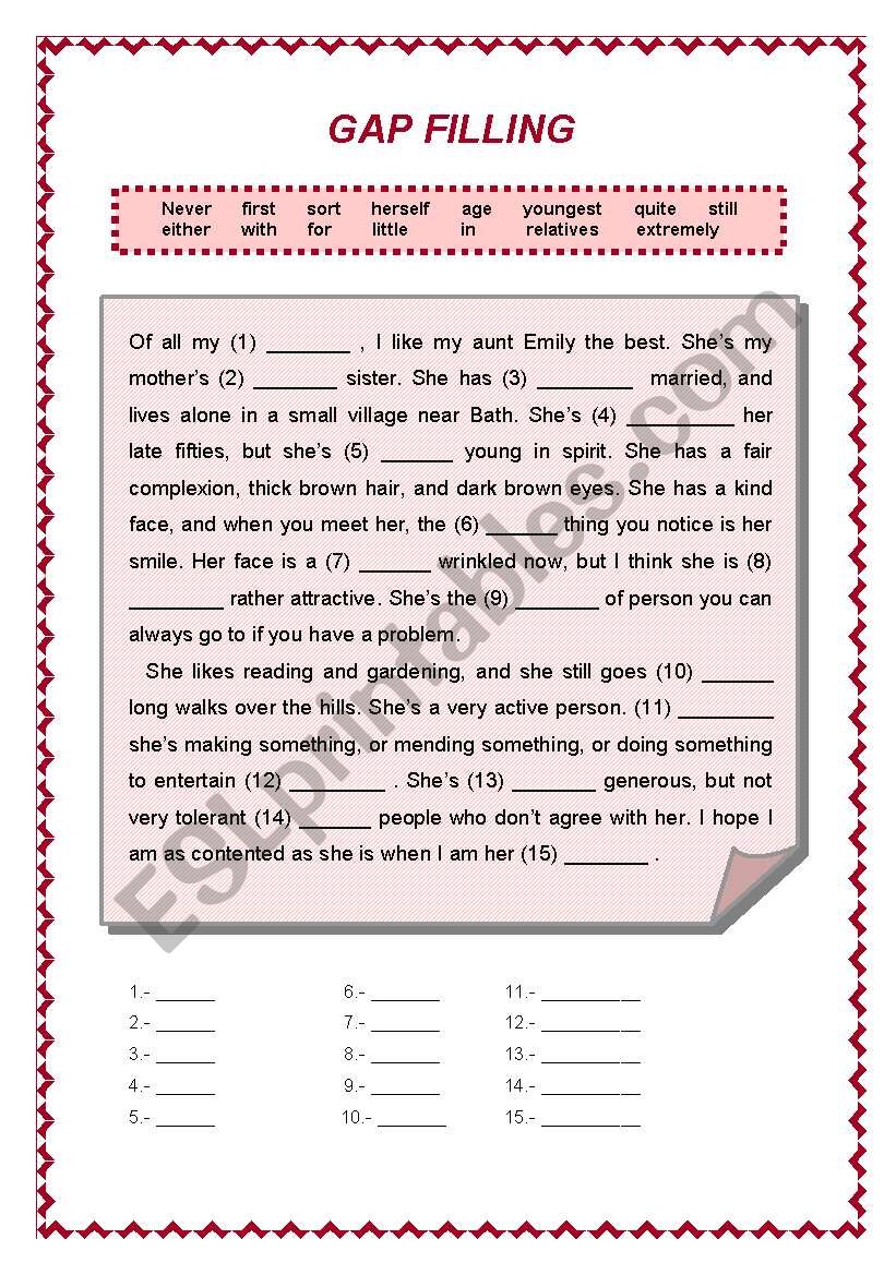 Gap Filling ESL Worksheet By Xcharo