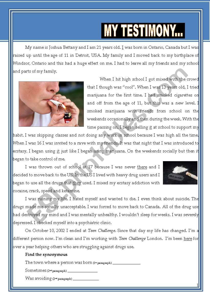 Joshua´ s testimony - ESL worksheet by morganalin