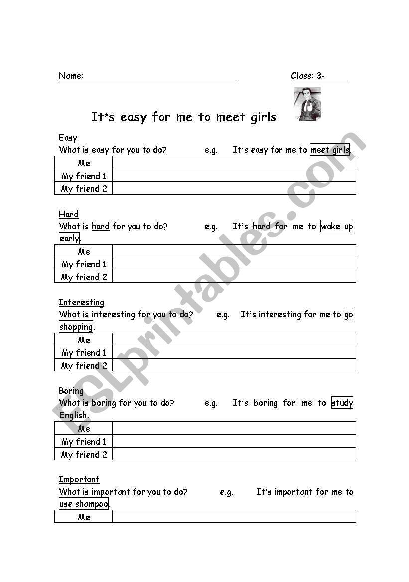 English worksheets: It´s easy/ hard for me to