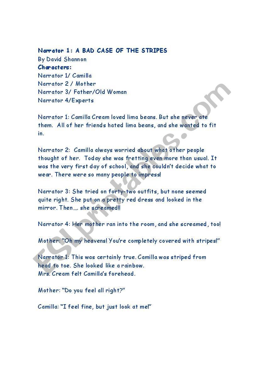 Reader´s Theater Script: A Bad Case of Stripes, by David Shannon - ESL ...