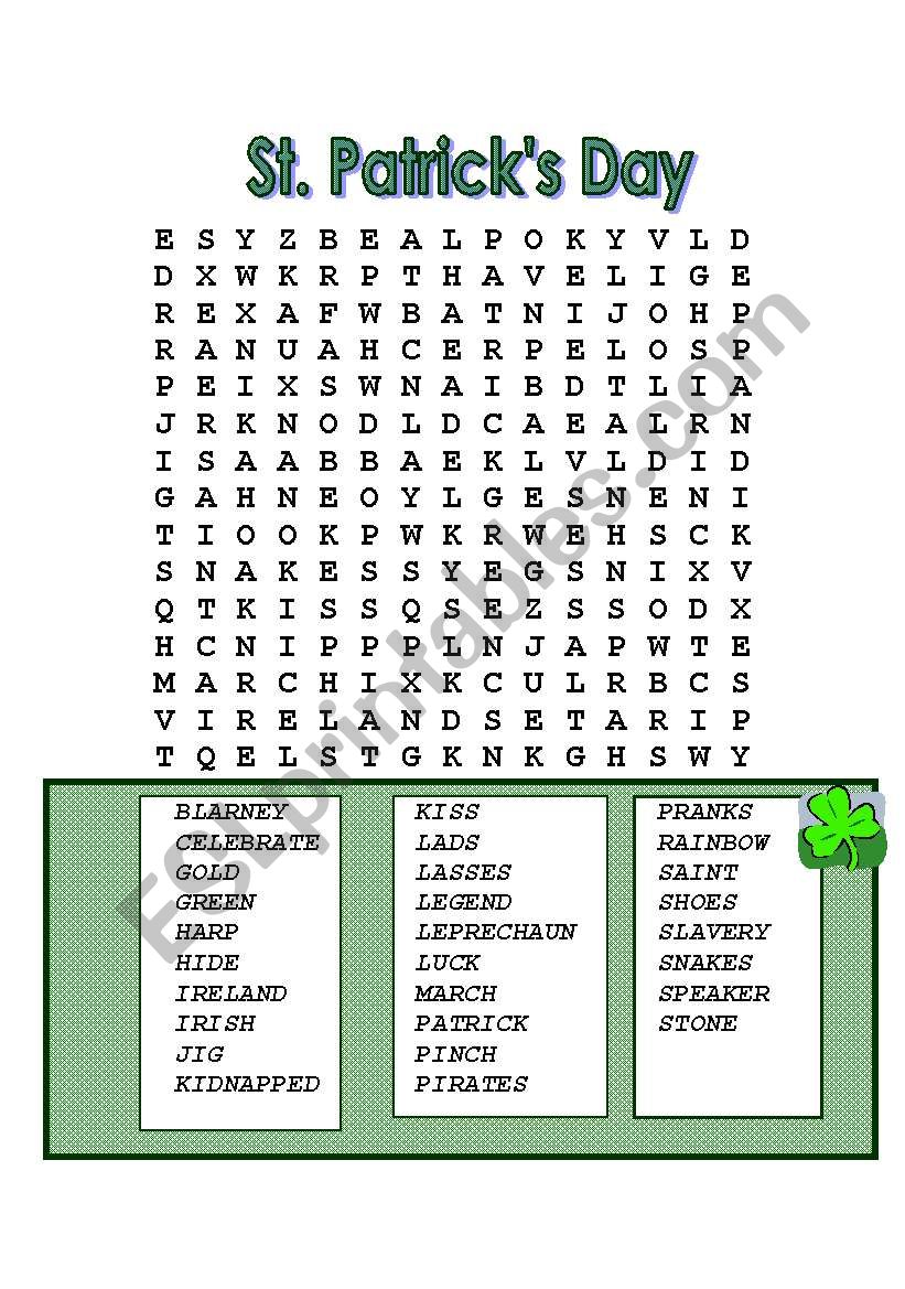 St. Patrick´s Day Wordsearch - ESL worksheet by emers121