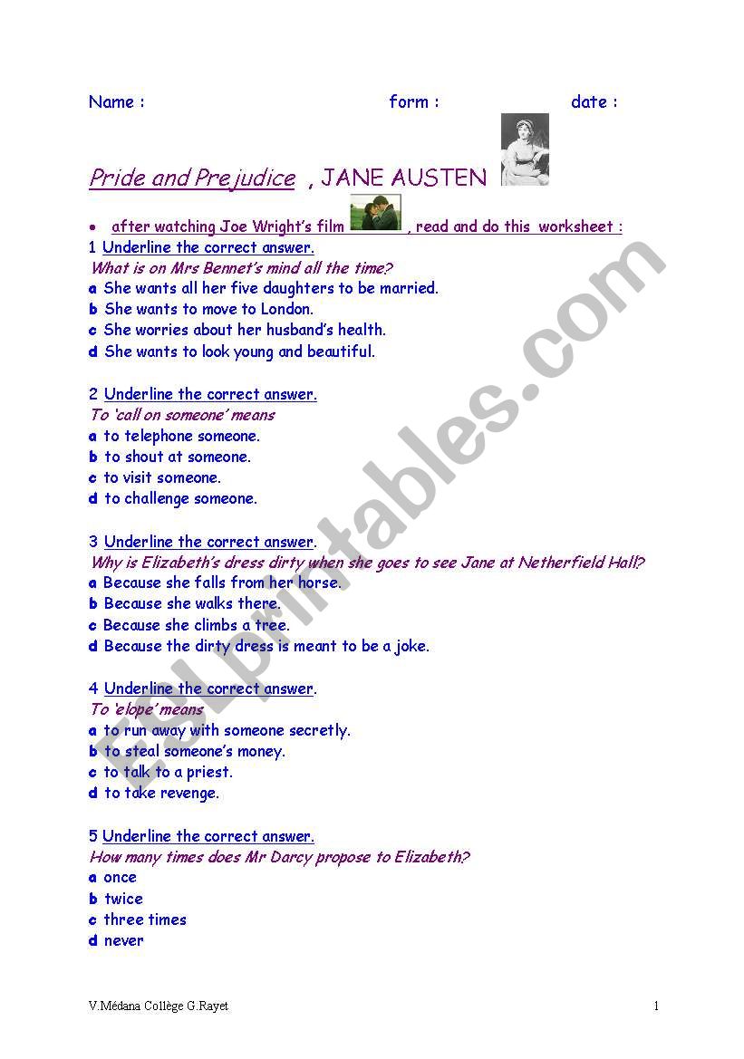 Pride And Prejudice Worksheets