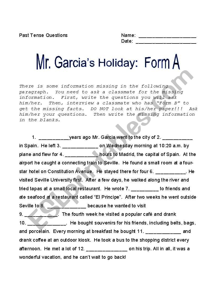 Mr. Garcia´s Holiday: Past Tense Questions 1 - ESL worksheet by zoemorosini