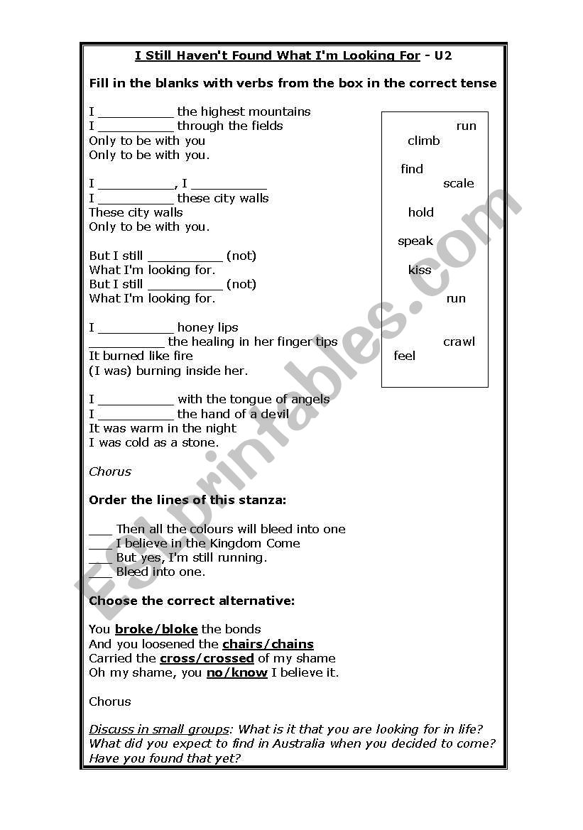I Still Haven´t Found What I´m Looking For - ESL worksheet by MarianaC I Still Haven´t Found What I´m Looking For - ESL worksheet by MarianaC