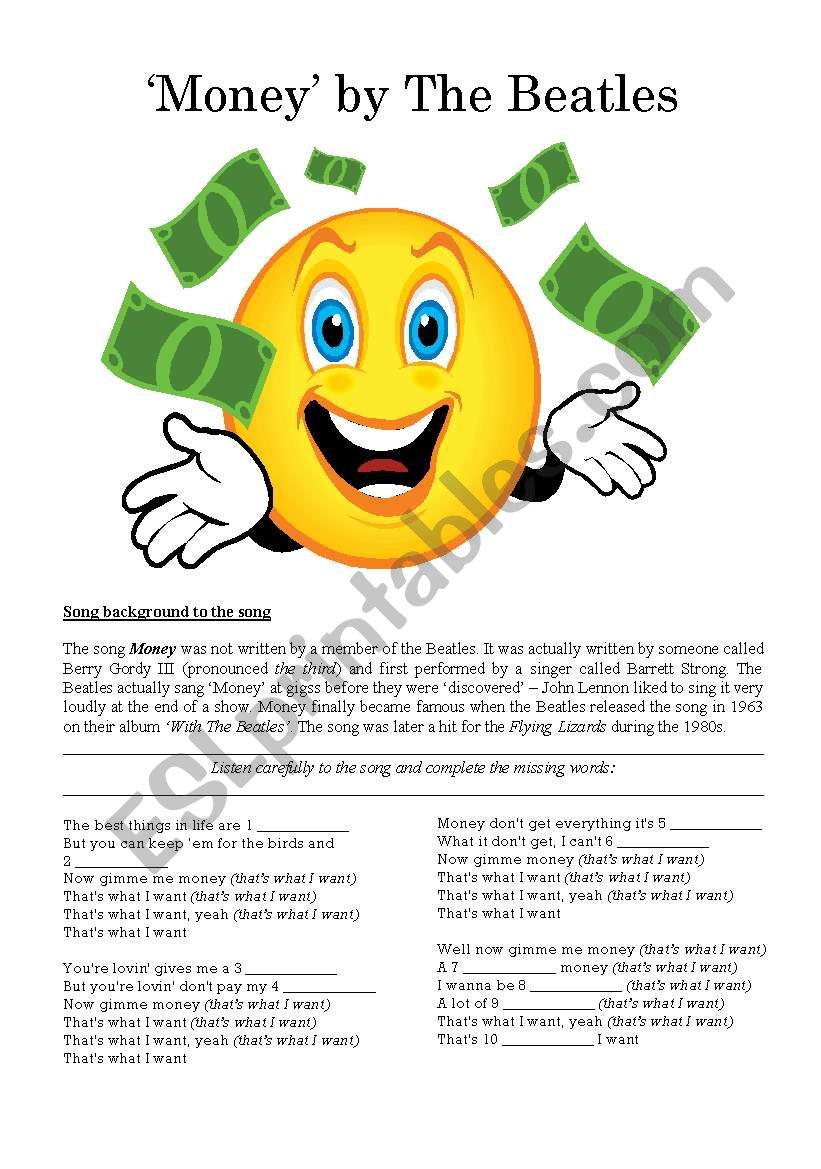 ´Money´ lyrics by The Beatles - ESL worksheet by scottinthailand