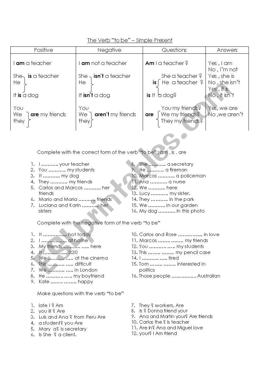 The Verb “to be” – Simple Present - ESL worksheet by celx