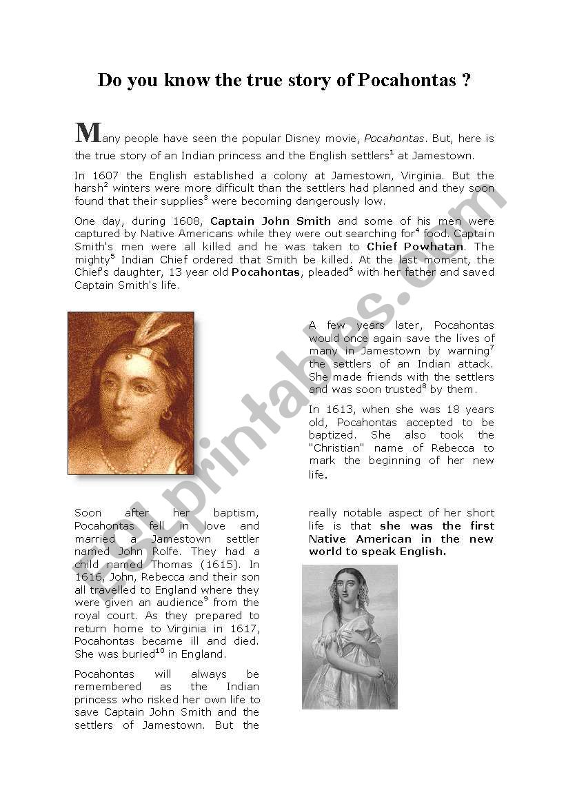 ComprÃ©hension Ã©crite. Pocahontas. - ESL worksheet by karineb