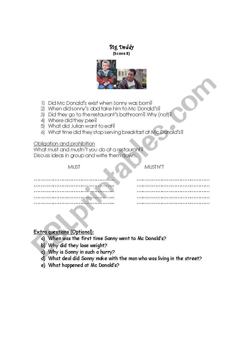 English worksheets: Working with films: Big Daddy (simple past / must ...