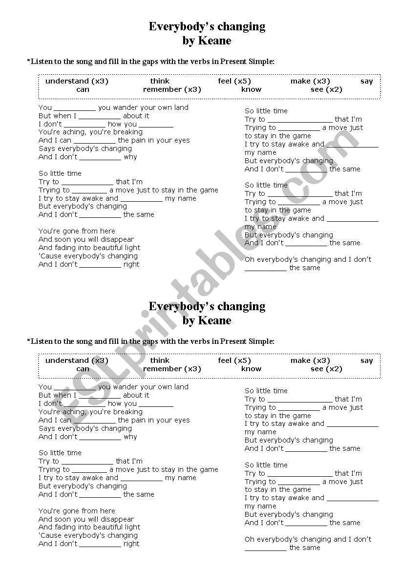 song activity - everybody´s changing by keane - ESL worksheet by nur_us