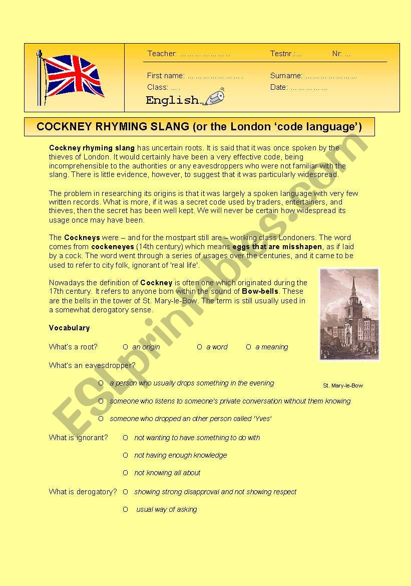 Cockney Rhyming Slang activity ( London Â´codeÂ´ language) - ESL ...