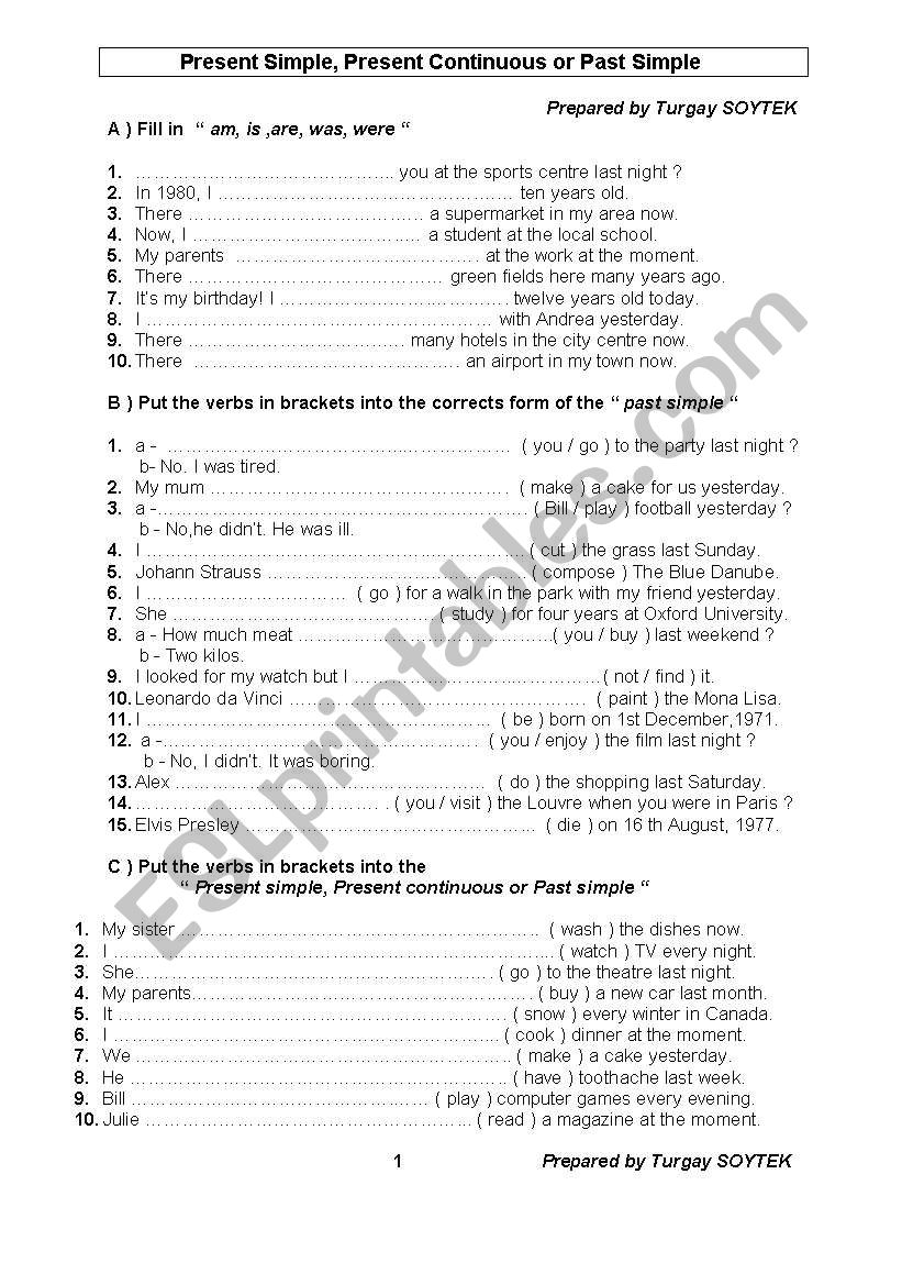 Simple Present, Present Contýnuous, Past tense Exercises - ESL ...