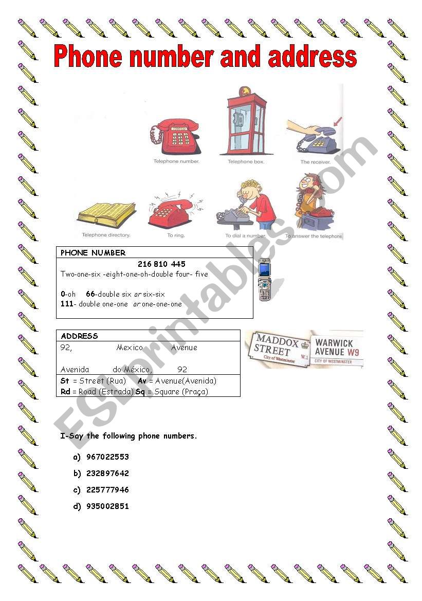 Phone Number And Address ESL Worksheet By Sandra Cunha