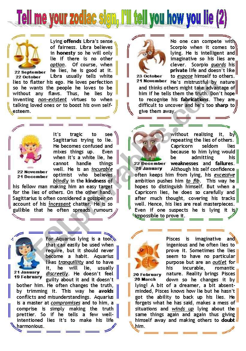 TELL ME YOUR SIGN, I´LL TELL YOU HOW YOU LIE (2) - ESL worksheet by ...