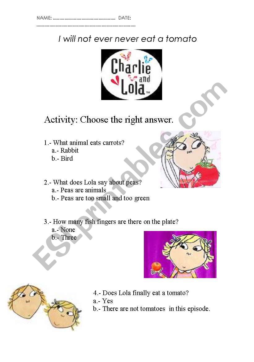 English worksheets: I will not ever never eat a tomato - Charlie and ...