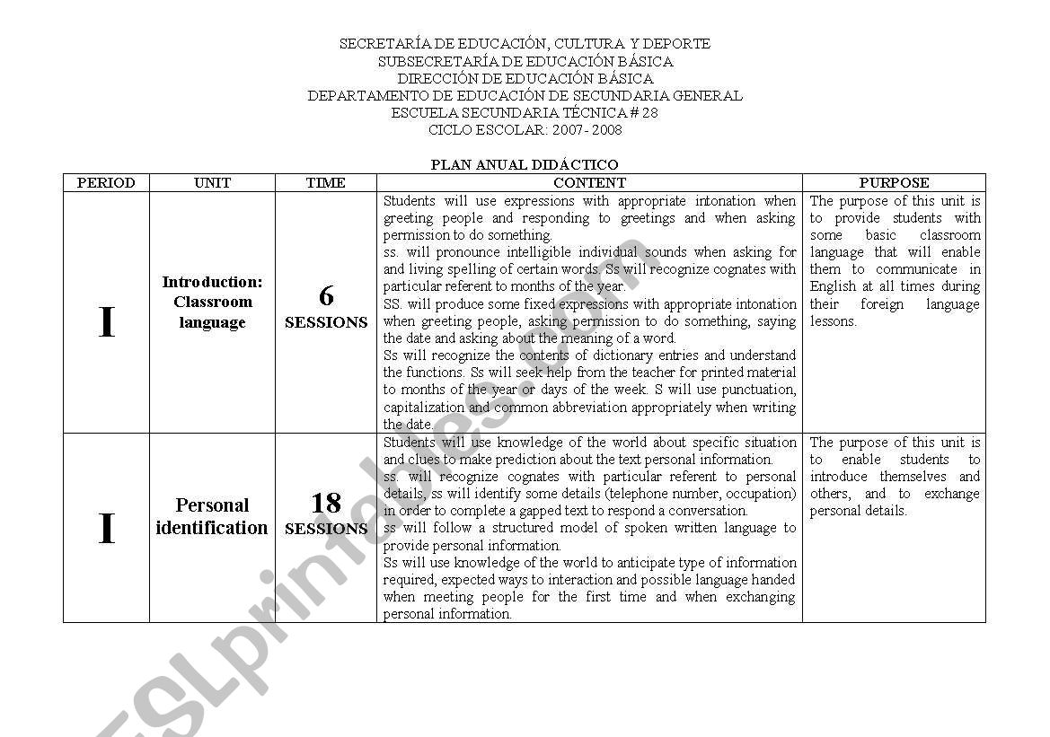 English worksheets: School year´s class plan